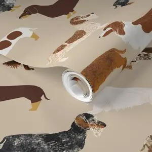 Spoonflower Doxie Dogs Dog Pets Dachshunds Long Haired Custom Pre-pasted Wallpaper - Beige,brown,gray