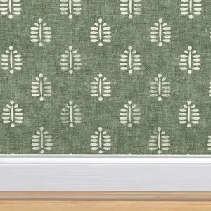 Spoonflower Fern Block On Sage 100% Natural Sisal Grasscloth Wallcovering - Sage,green