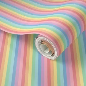 Spoonflower Pastel Stripes Vertical Colorful Stripe Custom Pre-pasted Wallpaper - Rainbow