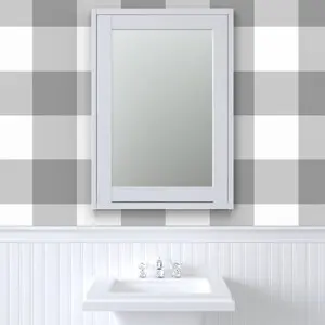 Spoonflower Gingham Grey Gray Large White Graphic Check Custom Removable Wallpaper - White,gray