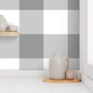 Spoonflower Gingham Grey Gray Large White Graphic Check Custom Removable Wallpaper - White,gray