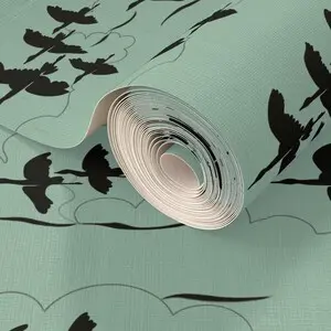 Spoonflower Flying Cranes In Seagreen 100% Natural Sisal Grasscloth Wallcovering - Green