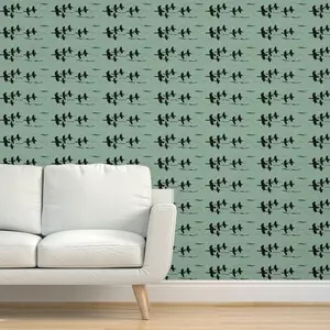 Spoonflower Flying Cranes In Seagreen 100% Natural Sisal Grasscloth Wallcovering