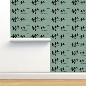 Spoonflower Flying Cranes In Seagreen 100% Natural Sisal Grasscloth Wallcovering