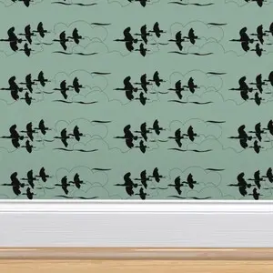 Spoonflower Flying Cranes In Seagreen 100% Natural Sisal Grasscloth Wallcovering