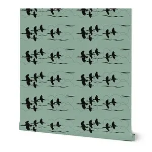 Spoonflower Flying Cranes In Seagreen 100% Natural Sisal Grasscloth Wallcovering
