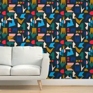 Spoonflower Abstract Shapes Navy Red Geometric Custom Pre-pasted Wallpaper
