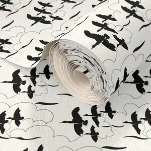 Spoonflower Flying Geese Black On White Small 100% Natural Sisal Grasscloth Wallcovering