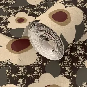 Spoonflower Flowers Off White On Dark Brown 100% Natural Sisal Grasscloth Wallcovering Maroon,brown,red