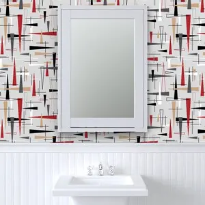 Spoonflower Red Modern Abstract Atomic Space Age Tan Beige Mod Custom Removable Wallpaper - Gray,red