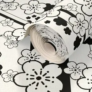 Spoonflower Floral Flower Coloring Book Black And White Sakura 100% Natural Sisal Grasscloth Wallcovering - Black,white