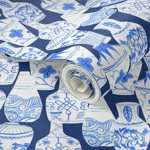 Spoonflower Chinese Vases White Painted China Navy Custom Removable Wallpaper - Blue