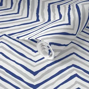 Spoonflower Zig Zag Quadrille Navy Grey Stripes Chevron Stripe Custom Removable Wallpaper - Blue,gray,white