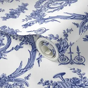 Spoonflower Toile De Jouy Navy Blue And White Ink Flowers Custom Removable Wallpaper - Blue,white,gray