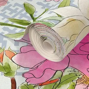 Spoonflower Floral Chinoiserie Large Jaf Studio 100% Natural Sisal Grasscloth Wallcovering - Pink,orange