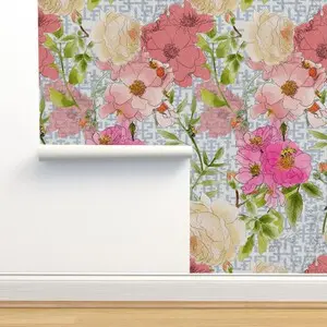 Spoonflower Floral Chinoiserie Large Jaf Studio 100% Natural Sisal Grasscloth Wallcovering