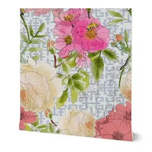 Spoonflower Floral Chinoiserie Large Jaf Studio 100% Natural Sisal Grasscloth Wallcovering