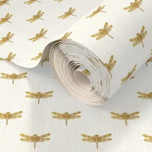Spoonflower Dragonflies On Scottish Highland Cream 100% Natural Sisal Grasscloth Wallcovering - Gold,yellow