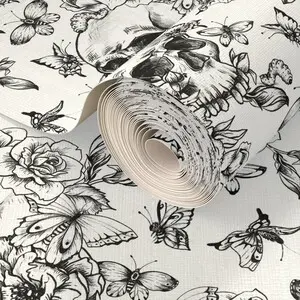 Spoonflower Floral Skull 100% Natural Sisal Grasscloth Wallcovering - Black,white