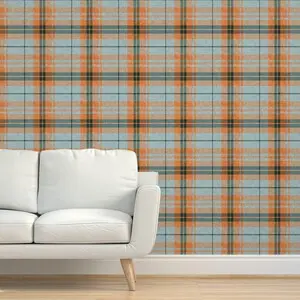 Spoonflower Fall Plaid Orange Blue Lad21 100% Natural Sisal Grasscloth Wallcovering - Brown,orange