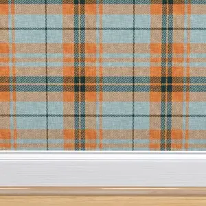 Spoonflower Fall Plaid Orange Blue Lad21 100% Natural Sisal Grasscloth Wallcovering - Brown,orange