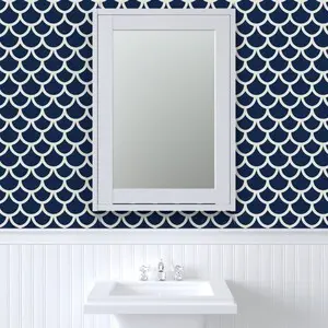 Spoonflower Fish Scales Navy Scale Ocean Sea Mermaid Custom Removable Wallpaper - Blue,gray
