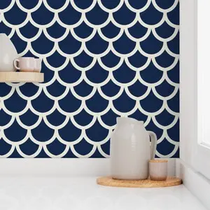 Spoonflower Fish Scales Navy Scale Ocean Sea Mermaid Custom Removable Wallpaper - Blue,gray