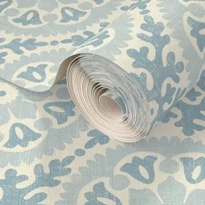 Spoonflower Folk Art Medallion Large Soft Blues 100% Natural Sisal Grasscloth Wallcovering - Blue