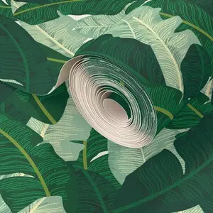 Spoonflower Classic Banana Leaves Palm Leaf Tropical Custom Removable Wallpaper - Green