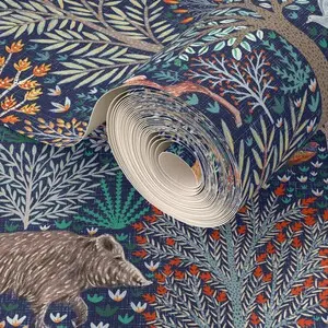 Spoonflower Forest Animals On Large Scale 100% Natural Sisal Grasscloth Wallcovering - Blue