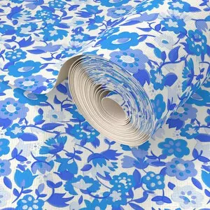 Spoonflower Flower Garden Large 100% Natural Sisal Grasscloth Wallcovering - White,blue