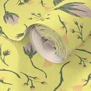 Spoonflower Florals On Bright 100% Natural Sisal Grasscloth Wallcovering - Yellow