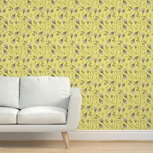Spoonflower Florals On Bright 100% Natural Sisal Grasscloth Wallcovering - Yellow