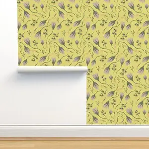 Spoonflower Florals On Bright 100% Natural Sisal Grasscloth Wallcovering - Yellow