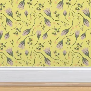 Spoonflower Florals On Bright 100% Natural Sisal Grasscloth Wallcovering - Yellow