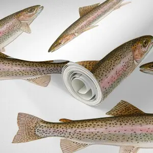 Spoonflower Rainbow Trout White Fishing Fish Custom Removable Wallpaper - Beige,white,brown