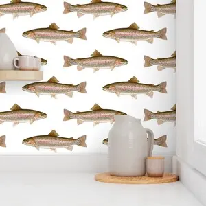 Spoonflower Rainbow Trout White Fishing Fish Custom Removable Wallpaper