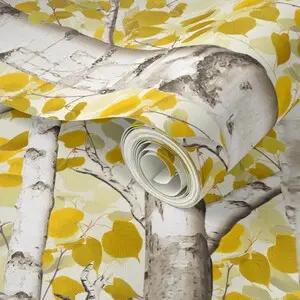 Spoonflower Birch Grove Autumn Trees Forest Woods Yellow Fall Custom Removable Wallpaper - Yellow,brown,beige