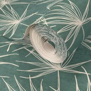 Spoonflower Fan Palm Fronds On Teal Blue Green 100% Natural Sisal Grasscloth Wallcovering - Teal,blue