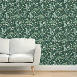 Spoonflower Folk Floral Dinosaur 100% Natural Sisal Grasscloth Wallcovering - Green,mint,sage