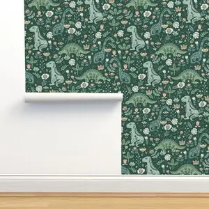 Spoonflower Folk Floral Dinosaur 100% Natural Sisal Grasscloth Wallcovering - Green,mint,sage