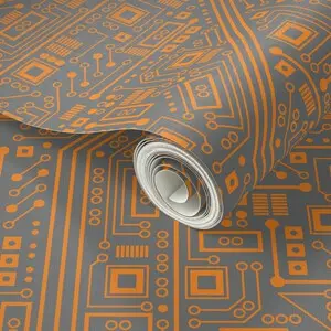 Spoonflower Computer Science Robot Circuit Board Electricity Custom Removable Wallpaper - Brown,orange,gray