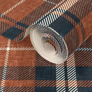 Spoonflower Fall Plaid Rust Dark Blue Lad21 100% Natural Sisal Grasscloth Wallcovering