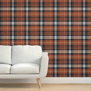 Spoonflower Fall Plaid Rust Dark Blue Lad21 100% Natural Sisal Grasscloth Wallcovering