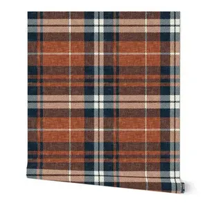 Spoonflower Fall Plaid Rust Dark Blue Lad21 100% Natural Sisal Grasscloth Wallcovering