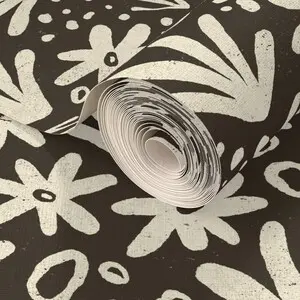 Spoonflower Field Of Daisies Espresso 100% Natural Sisal Grasscloth Wallcovering - Gray,white