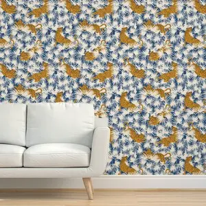 Spoonflower Frolicking Tigers Deep 100% Natural Sisal Grasscloth Wallcovering - Blue