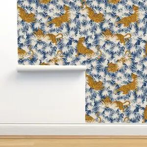 Spoonflower Frolicking Tigers Deep 100% Natural Sisal Grasscloth Wallcovering - Blue