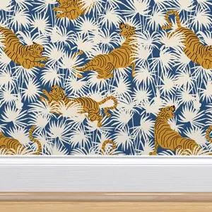 Spoonflower Frolicking Tigers Deep 100% Natural Sisal Grasscloth Wallcovering - Blue