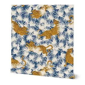 Spoonflower Frolicking Tigers Deep 100% Natural Sisal Grasscloth Wallcovering - Blue